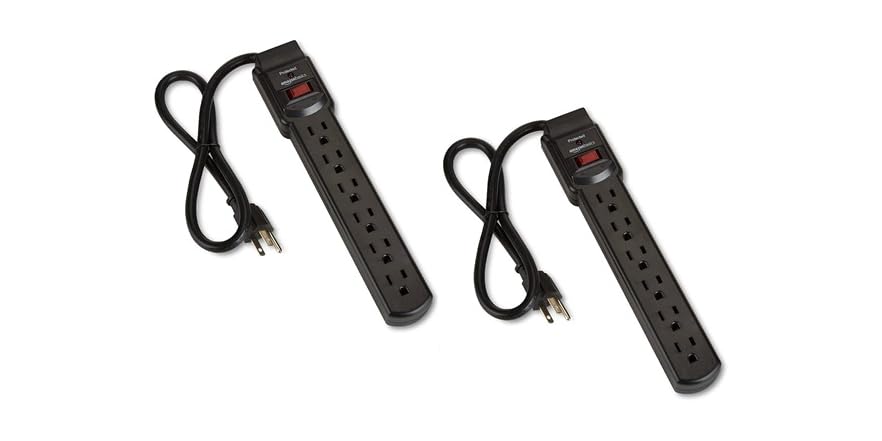 (2 Pack) Amazon Basics 6-Outlet Power Strip - 2 Foot Cord