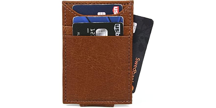Minimalist Slim Wallet w/ Money Clip, Caramel Brown