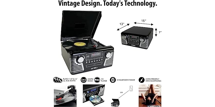 (NEW) Victrola 50's Retro Bluetooth Record Player