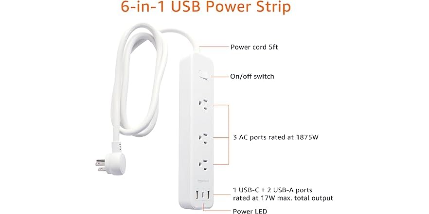 AmazonBasics 5FT 3 Outlet 3 USB Port Power Strip Extension Cord