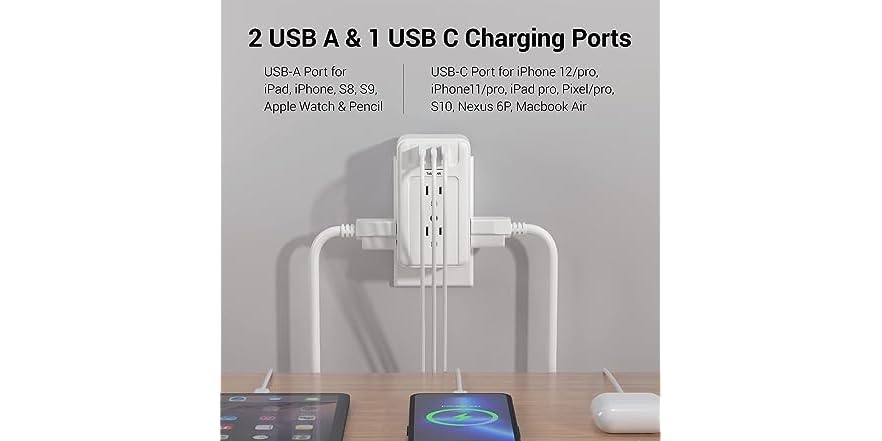 Clear Power 9-IN-1 Power Tap w/3 USB & 6 Outlets