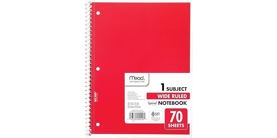 Mead Spiral Notebook 1 Subject Wide Rule