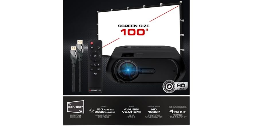 Monster 720p Projector & 100in Screen