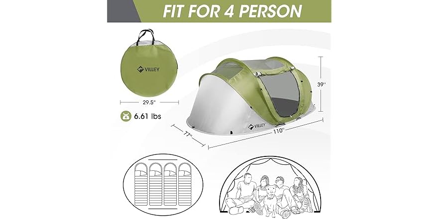 VILLEY 4 Person Easy Pop Up Tent, Waterproof
