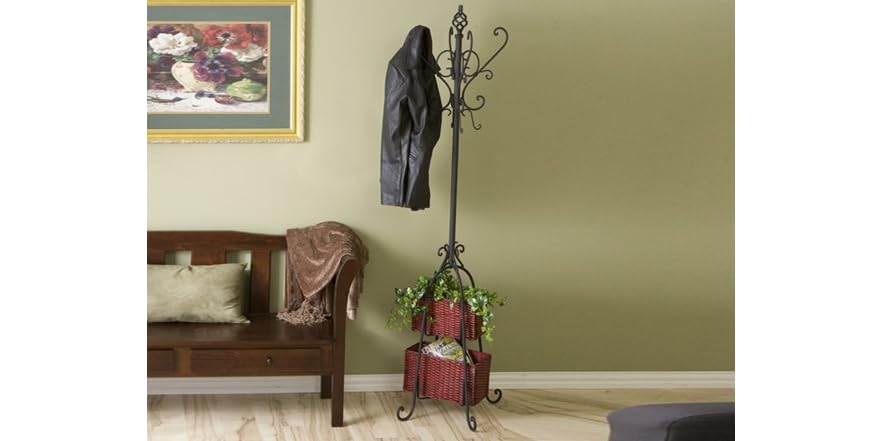 Black Hall Tree with Rattan Storage