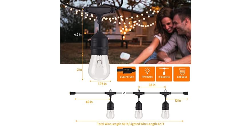 Brightown Outdoor String Lights 48FT