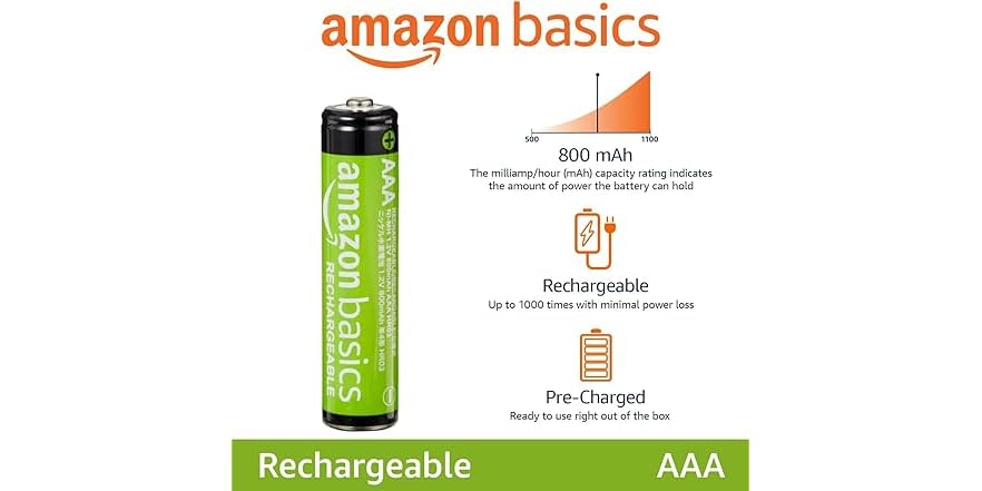(24 PACK) Amazon Basics Rechargeable AAA NiMH Performance Batteries, 800 mAh