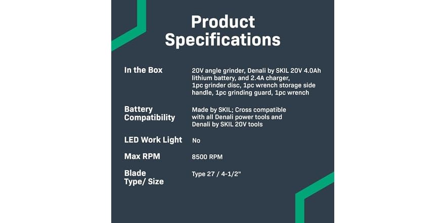 Denali by SKIL 20V Cordless Angle Grinder Kit