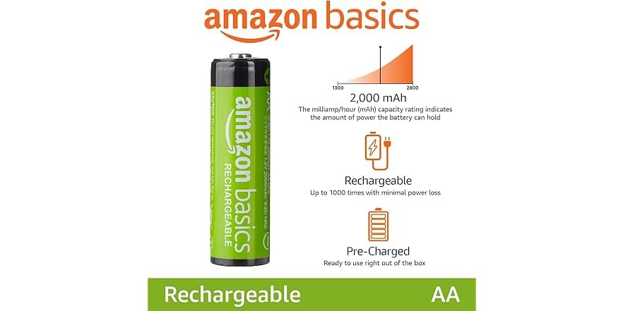 (8 Batteries) AmazonBasics 2000mAh NiMH Rechargeable AA Batteries