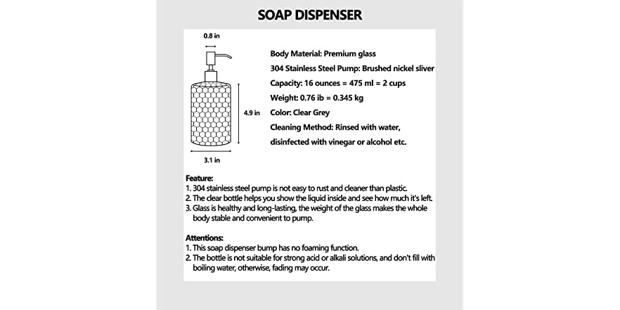 Easy-Tang 16 Oz Glass Soap Dispenser