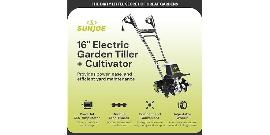 Sun Joe Electric Corded Garden Tiller & Cultivator