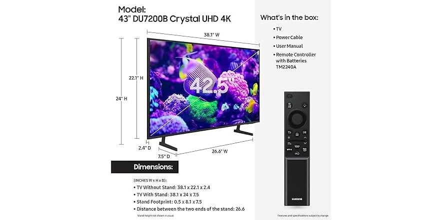 (NEW) Samsung 43" Crystal UHD 4K DU7200 TV (2024)
