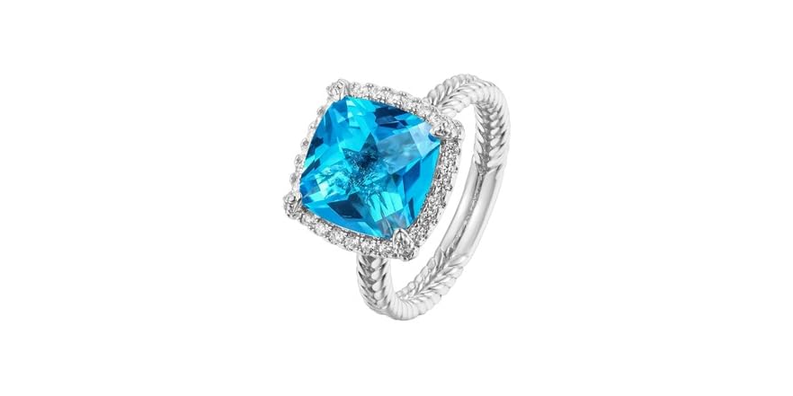 Rhodium Plated Blue Topaz Square Cut Ring