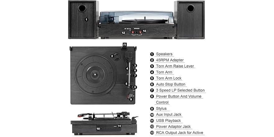 Record Player for Vinyl with Speakers, 3-Speed