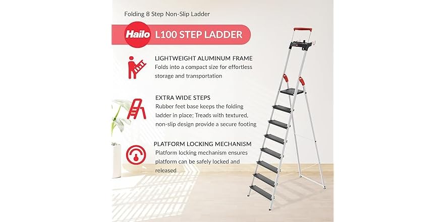 Hailo Folding L100 Step Ladder, Non-Slip, 8 Step