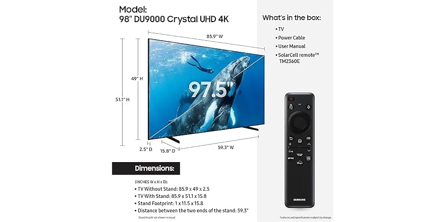 (NEW) Samsung Crystal UHD DU9000 HDR TV (2024) (Open Box)