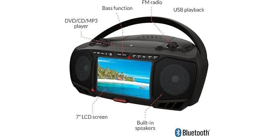 (NEW) Aiwa Portable Bluetooth Boombox w/ 7" LCD Display