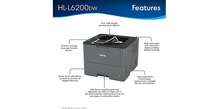 Brother HL-L6200DW Wireless Monochrome Single-Function Laser Printer ...