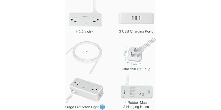 TESSAN 5ft SP Power Strip (4 Outlets, 3 USB-A)