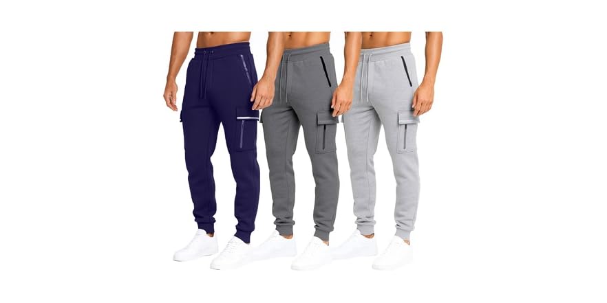 3Pk Mens Fleece-Lined Cargo Tech Joggers (S-3XL)