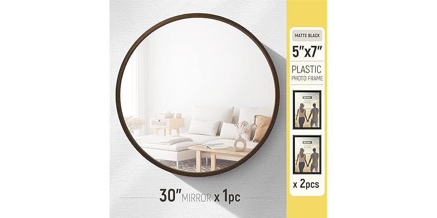 30" Round Wood Mirror & Two Photo Frames