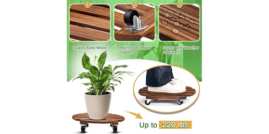 2 Pack 16" Wooden Plant Wheel Stand