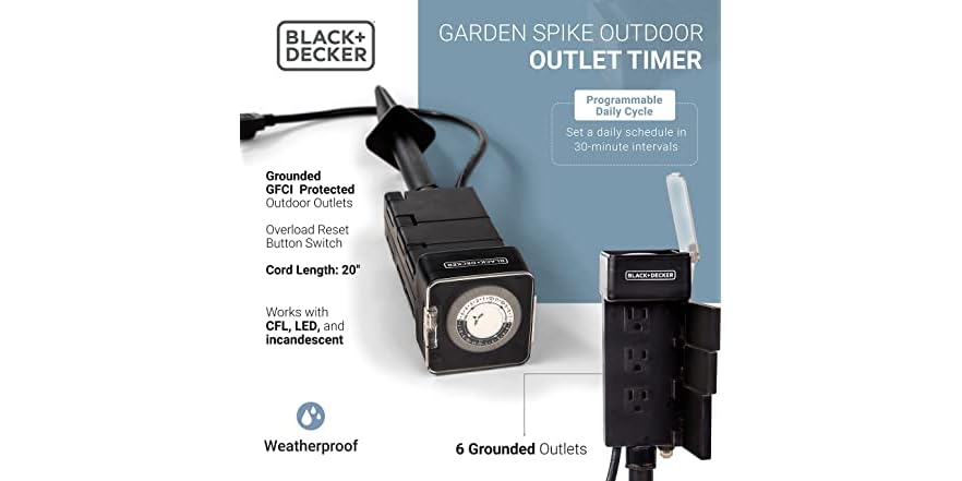 BLACK+DECKER Timer Stake w/6 Grounded Outlets
