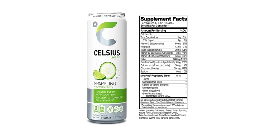 (12 Pack) Celsius Sweetened with Stevia Sparkling Cucumber Lime Fitness ...