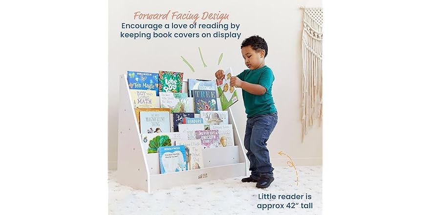 ECR4Kids Single-Sided Book Display, Classroom Bookshelf, White Wash