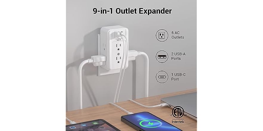 Clear Power 9-IN-1 Power Tap w/3 USB & 6 Outlets