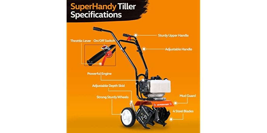 SuperHandy Gas Motor Mini Tiller & Cultivator