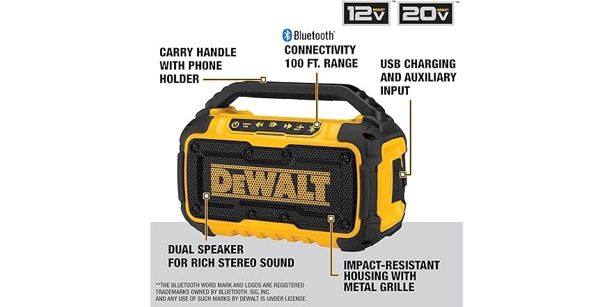 DEWALT DCR010 20V Max Bluetooth Speaker w/Batt/Chgr (Open Box)