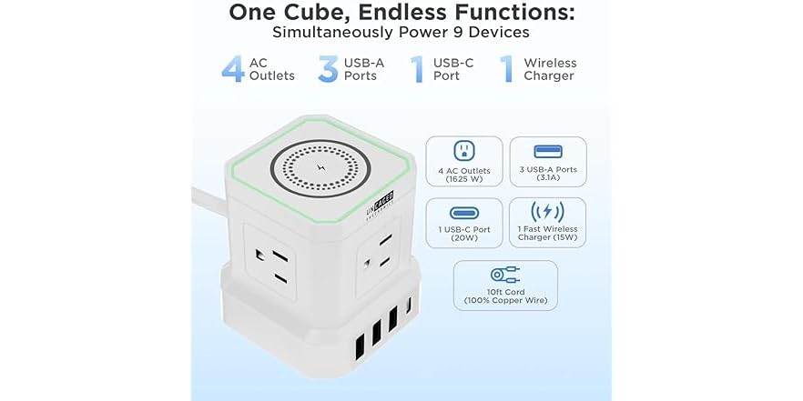 Uncaged Ergonomics 10ft Power Cube w/Wireless Charging