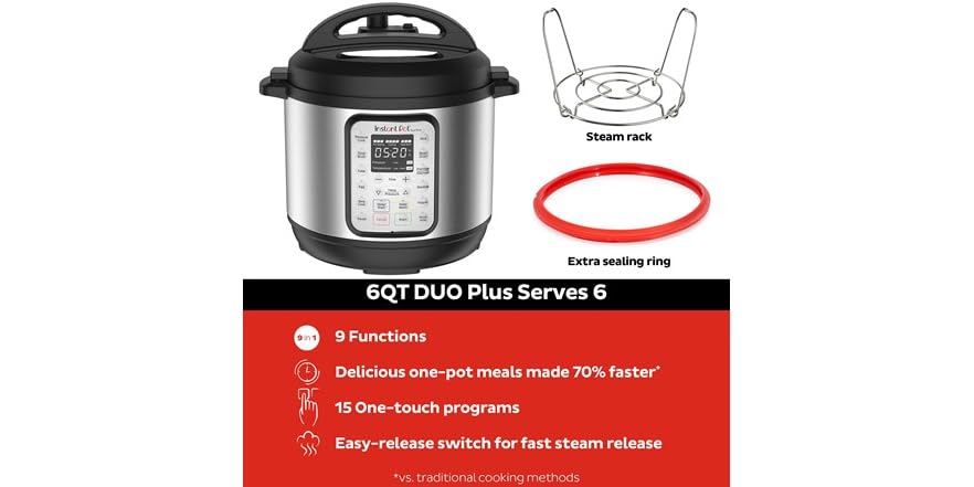 Instant Pot Duo Plus 9-in-1 Pressure Cooker, 6Qt