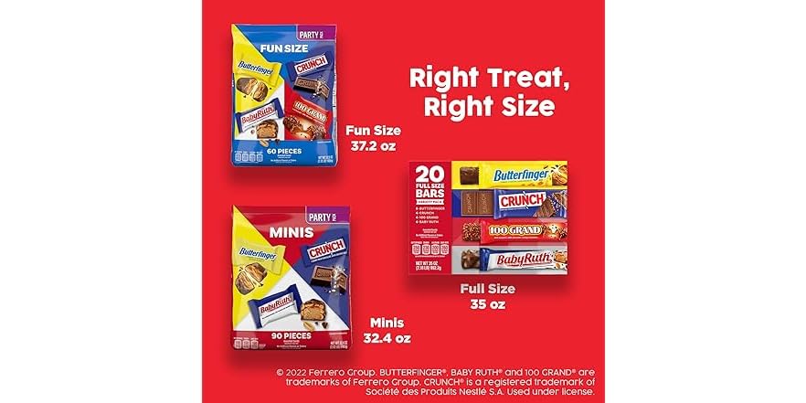 (4 Pack) Butterfinger, CRUNCH, Baby Ruth and 100 Grand Snack Size Candy ...