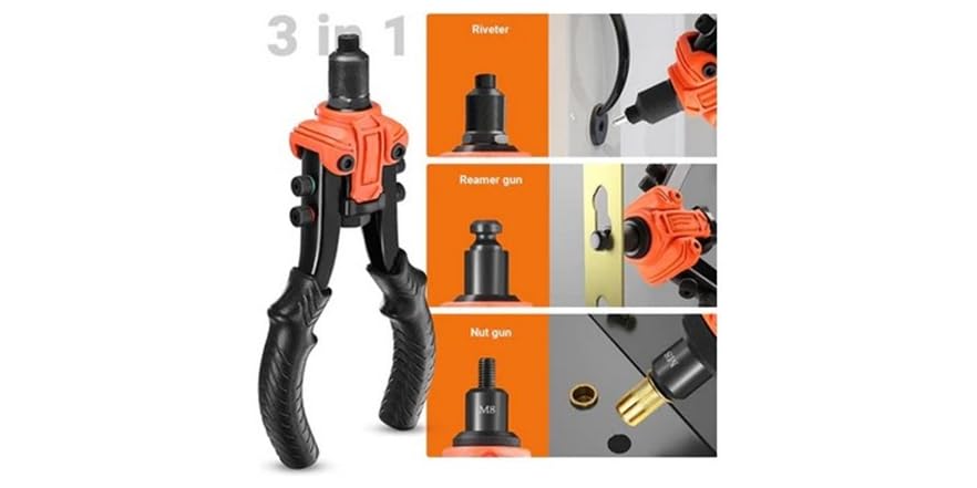3-in-1 Rivet Gun with 5 Tool-free Interchangeable Rivet Heads