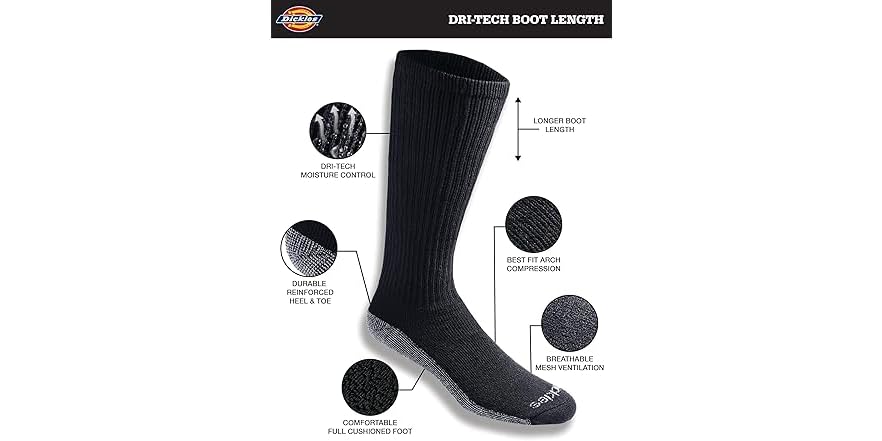 (6 Pair) Dickies Dri-Tech Boot Socks, L
