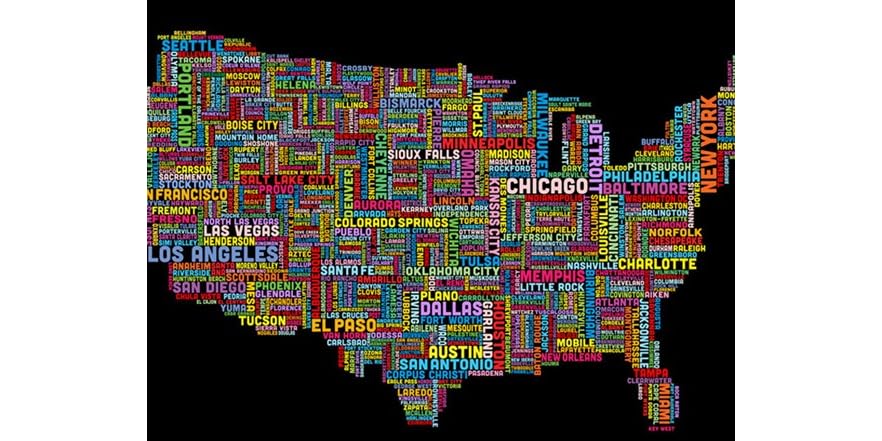 US Cities Text Map II 18x24 Canvas