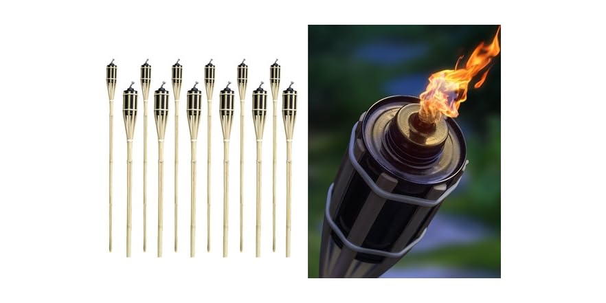 Set of 12 Bamboo Torches 48 inches Length - Metal Oil Canisters