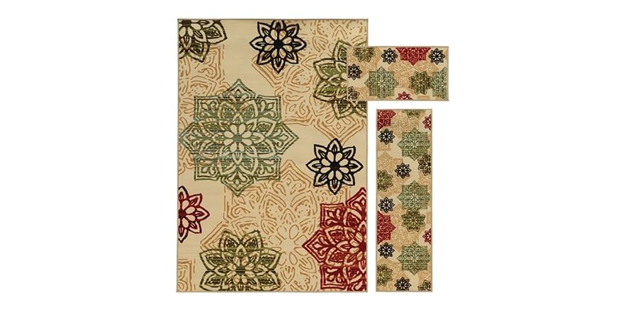 3 PC Nylon Area Rug Set Beige/Green