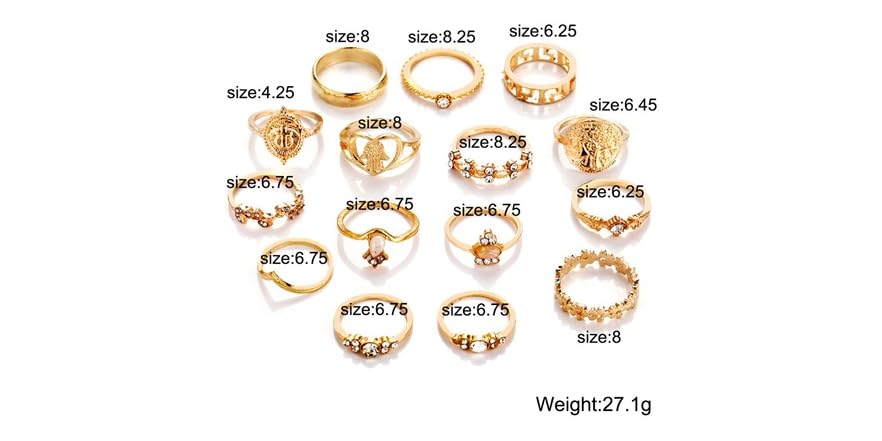 18K Gold Plated 15PC Assorted Ring Set