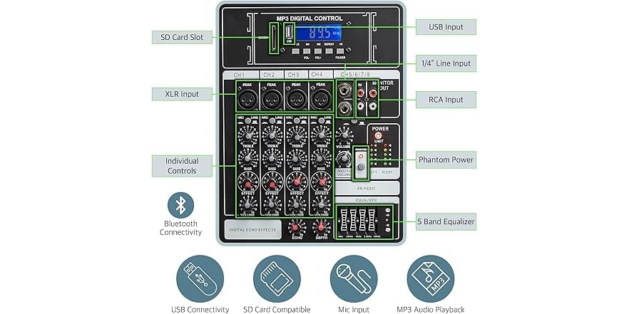 (NEW) Knox Gear Dual 8” 300 Watt Speakers & Mixer w/Tripod Stands