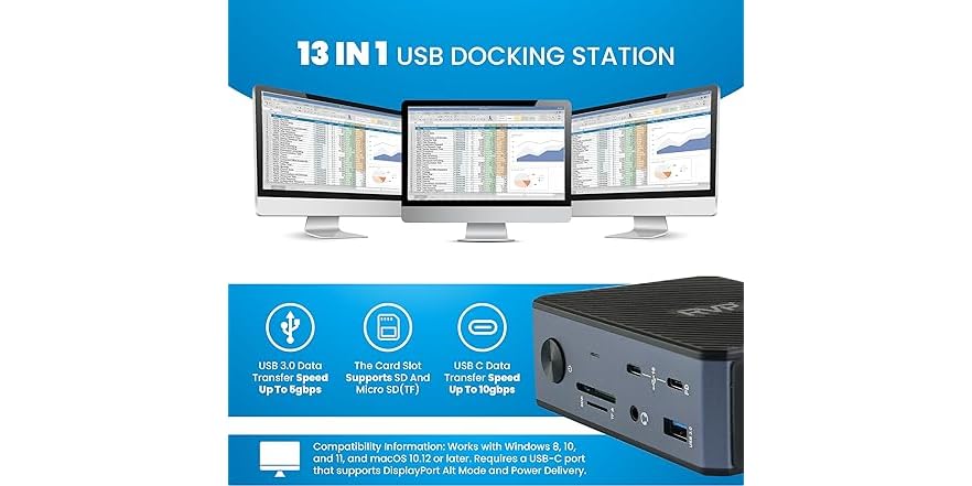 14-in-1 85W Laptop-Charging Docking Station for 3 Monitors