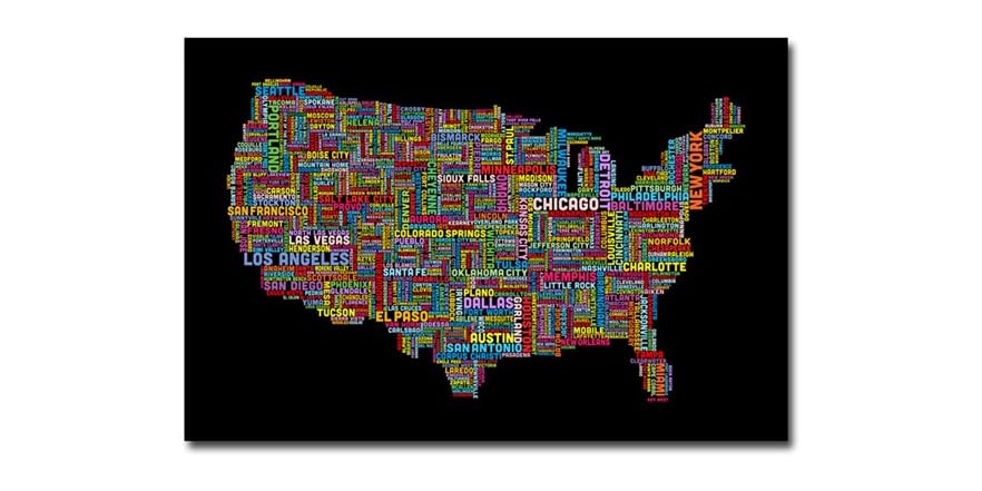 US Cities Text Map II 18x24 Canvas