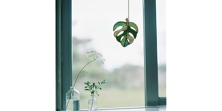 Monstera Stained Glass Window Hanging, Green