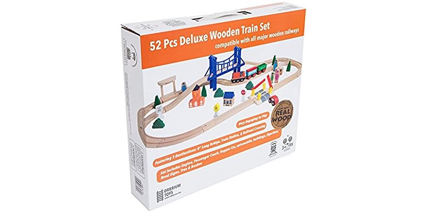 Orbrium Toys 52 Pcs Deluxe Wooden Train…