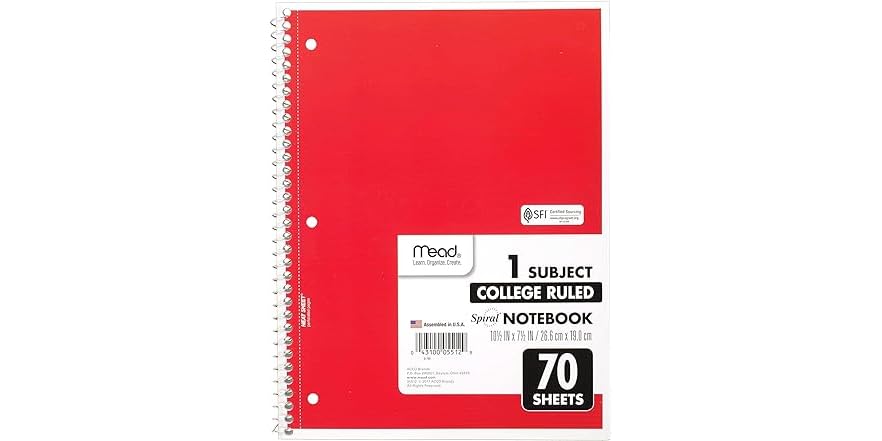 Mead Spiral Notebooks, 1 Subject, College Ruled, 70 Sheets, Assorted Colors