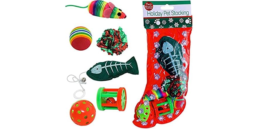 Kole Christmas Cat Stocking, 6 Assorted Toys