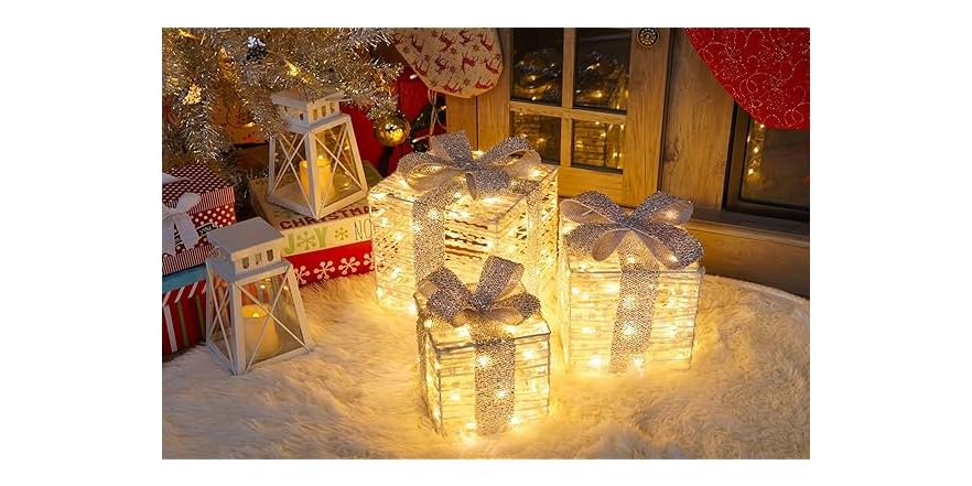 Set of 3 Christmas Lighted Gift Boxes Silver Bow