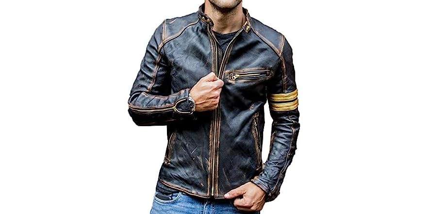 Distressed Biker Leather Jacket (M - Suitable for Chest Size 38")